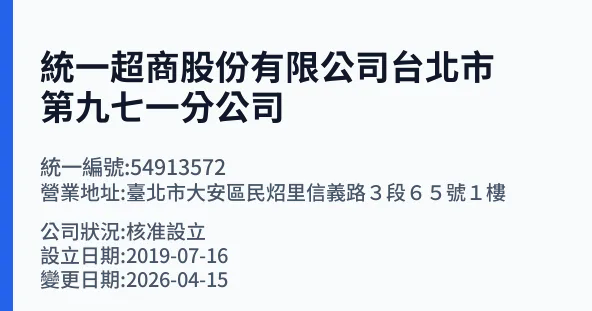 統一超商股份有限公司台北市第九七一分公司的照片-統編 54913572(臺北市) 公司登記資料與營業項目詳細圖表