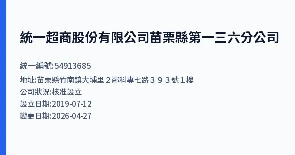 統一超商股份有限公司苗栗縣第一三六分公司的照片-統編 54913685(苗栗縣) 公司登記資料與營業項目詳細圖表