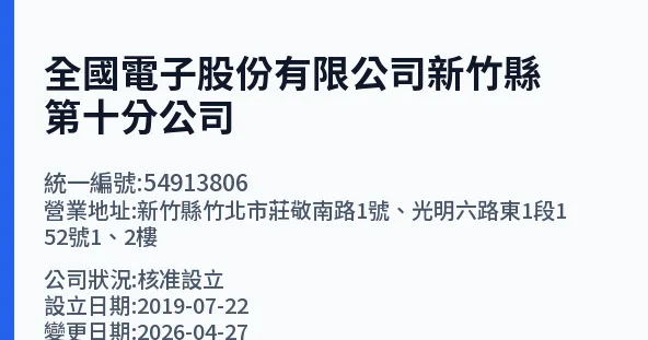 全國電子股份有限公司新竹縣第十分公司的照片-統編 54913806(新竹縣) 公司登記資料與營業項目詳細圖表