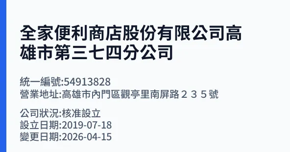 全家便利商店股份有限公司高雄市第三七四分公司的照片-統編 54913828(高雄市) 公司登記資料與營業項目詳細圖表