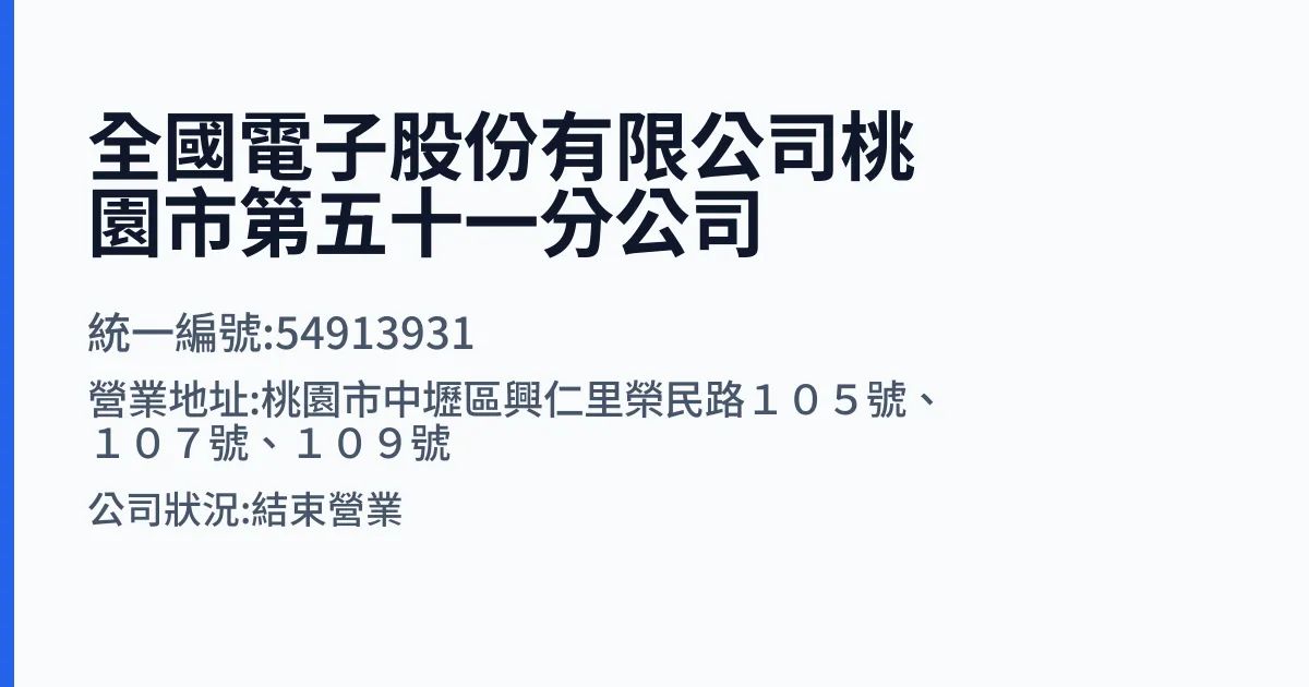 全國電子股份有限公司桃園市第五十一分公司 - 統編 54913931(桃園市) 公司登記資料與營業項目詳細圖表