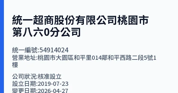 統一超商股份有限公司桃園市第八六0分公司的照片-統編 54914024(桃園市) 公司登記資料與營業項目詳細圖表