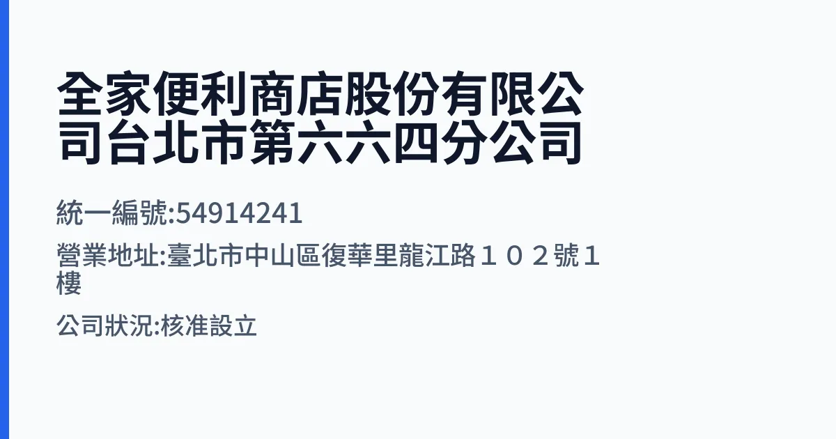 全家便利商店股份有限公司台北市第六六四分公司 - 統編 54914241(臺北市) 公司登記資料與營業項目詳細圖表