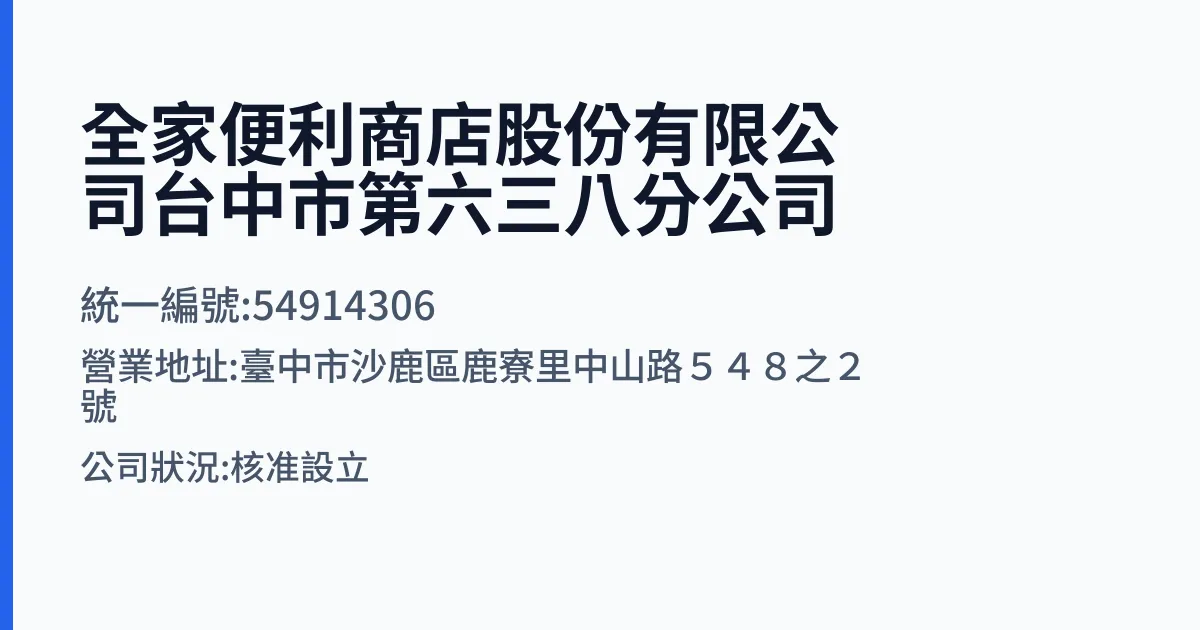 全家便利商店股份有限公司台中市第六三八分公司 - 統編 54914306(臺中市) 公司登記資料與營業項目詳細圖表