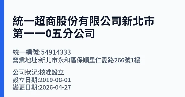 統一超商股份有限公司新北市第一一0五分公司的照片-統編 54914333(新北市) 公司登記資料與營業項目詳細圖表
