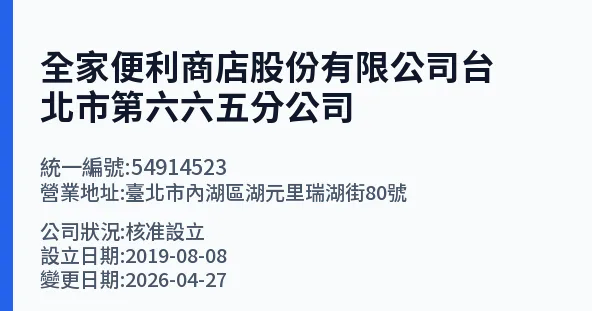 全家便利商店股份有限公司台北市第六六五分公司的照片-統編 54914523(臺北市) 公司登記資料與營業項目詳細圖表