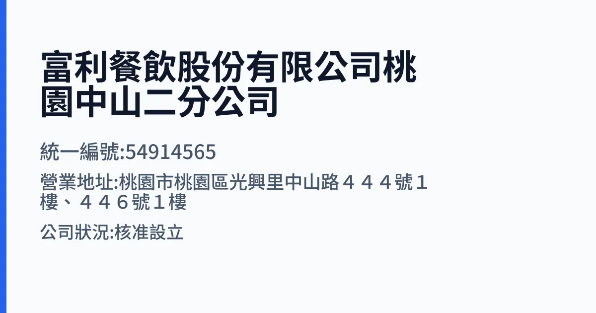 富利餐飲股份有限公司桃園中山二分公司 - 統編 54914565(桃園市) 公司登記資料與營業項目詳細圖表