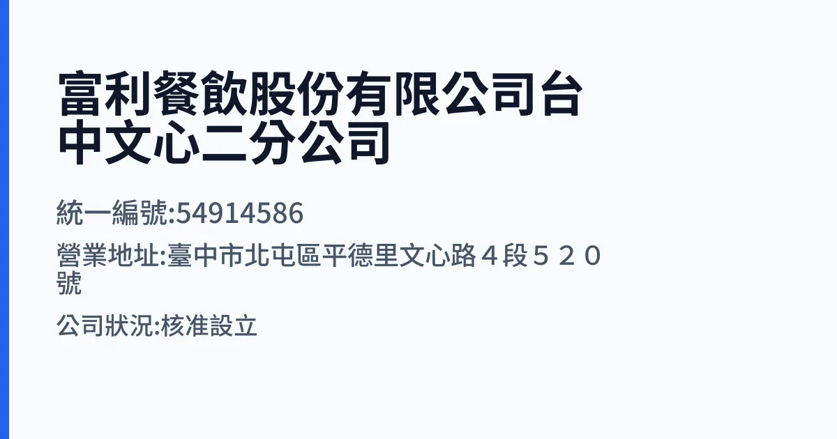 富利餐飲股份有限公司台中文心二分公司 - 統編 54914586（臺中市） 公司登記資料與營業項目詳細圖表