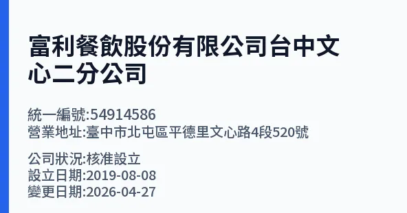 富利餐飲股份有限公司台中文心二分公司的照片-統編 54914586(臺中市) 公司登記資料與營業項目詳細圖表