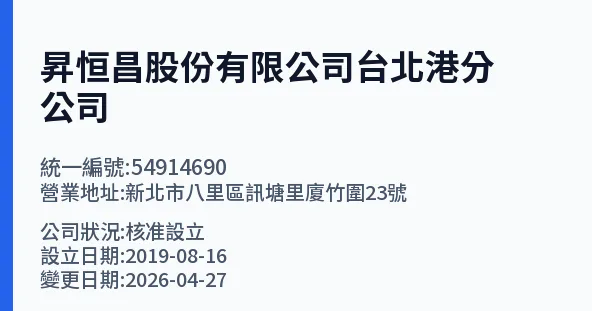 昇恒昌股份有限公司台北港分公司的照片-統編 54914690(新北市) 公司登記資料與營業項目詳細圖表