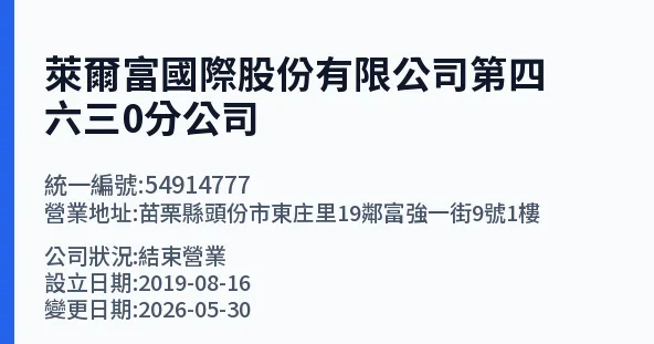萊爾富國際股份有限公司第四六三0分公司的照片-統編 54914777(苗栗縣) 公司登記資料與營業項目詳細圖表