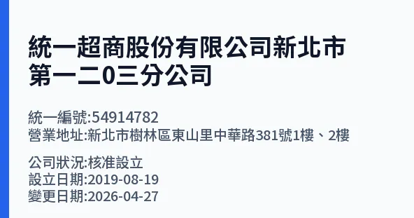 統一超商股份有限公司新北市第一二0三分公司的照片-統編 54914782(新北市) 公司登記資料與營業項目詳細圖表