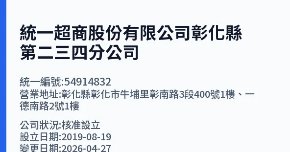 統一超商股份有限公司彰化縣第二三四分公司的照片-統編 54914832(彰化縣) 公司登記資料與營業項目詳細圖表