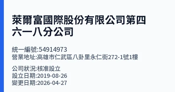 萊爾富國際股份有限公司第四六一八分公司的照片-統編 54914973(高雄市) 公司登記資料與營業項目詳細圖表