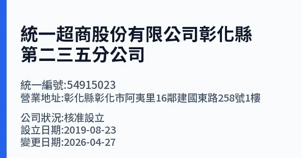 統一超商股份有限公司彰化縣第二三五分公司的照片-統編 54915023(彰化縣) 公司登記資料與營業項目詳細圖表