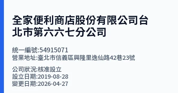 全家便利商店股份有限公司台北市第六六七分公司的照片-統編 54915071(臺北市) 公司登記資料與營業項目詳細圖表