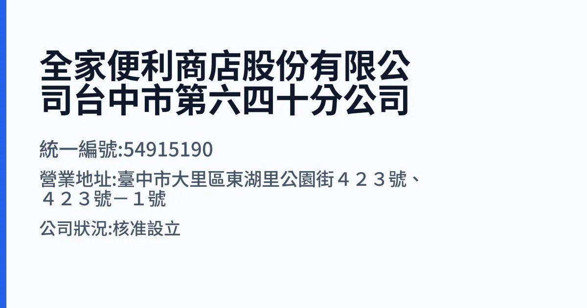全家便利商店股份有限公司台中市第六四十分公司 - 統編 54915190(臺中市) 公司登記資料與營業項目詳細圖表