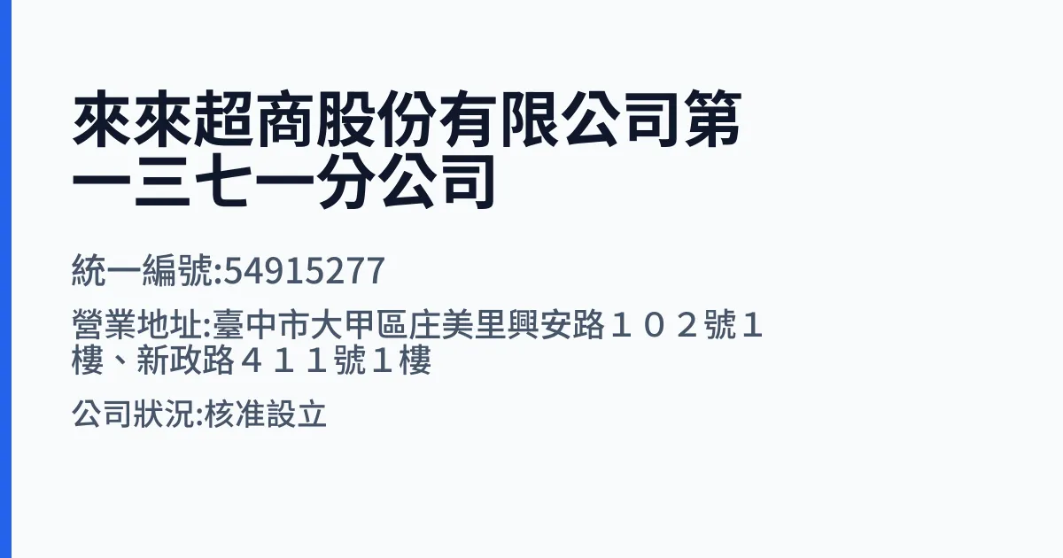 來來超商股份有限公司第一三七一分公司 - 統編 54915277(臺中市) 公司登記資料與營業項目詳細圖表