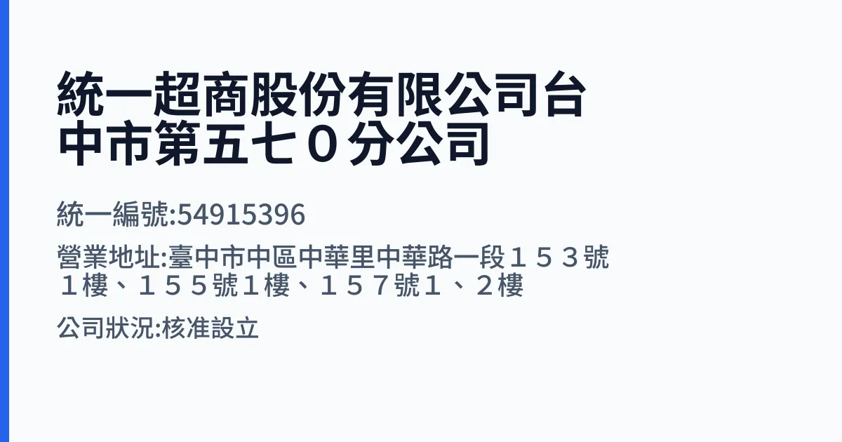 統一超商股份有限公司台中市第五七０分公司 - 統編 54915396(臺中市) 公司登記資料與營業項目詳細圖表