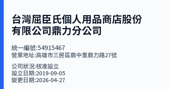 台灣屈臣氏個人用品商店股份有限公司鼎力分公司的照片-統編 54915467(高雄市) 公司登記資料與營業項目詳細圖表