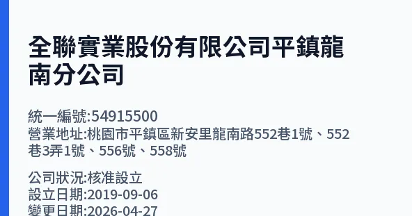 全聯實業股份有限公司平鎮龍南分公司的照片-統編 54915500(桃園市) 公司登記資料與營業項目詳細圖表