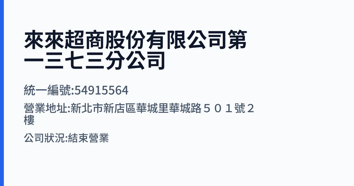 來來超商股份有限公司第一三七三分公司 - 統編 54915564(新北市) 公司登記資料與營業項目詳細圖表
