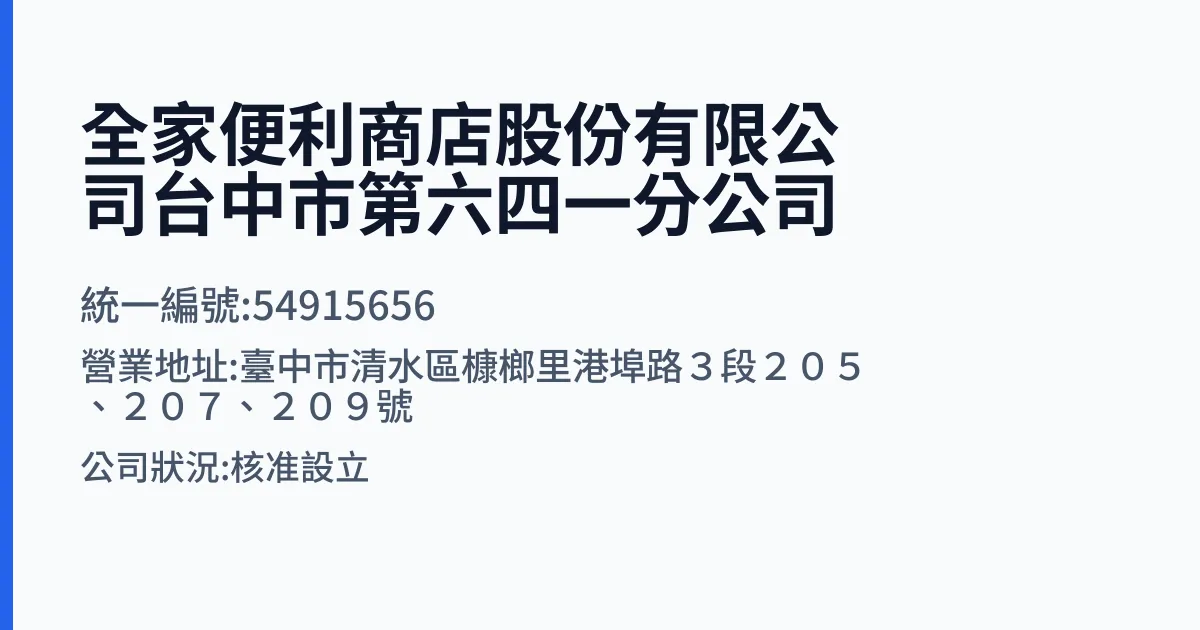 全家便利商店股份有限公司台中市第六四一分公司 - 統編 54915656（臺中市） 公司登記資料與營業項目詳細圖表