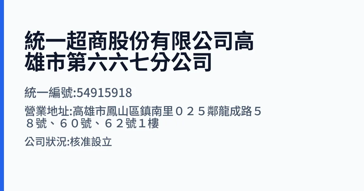 統一超商股份有限公司高雄市第六六七分公司 - 統編 54915918(高雄市) 公司登記資料與營業項目詳細圖表