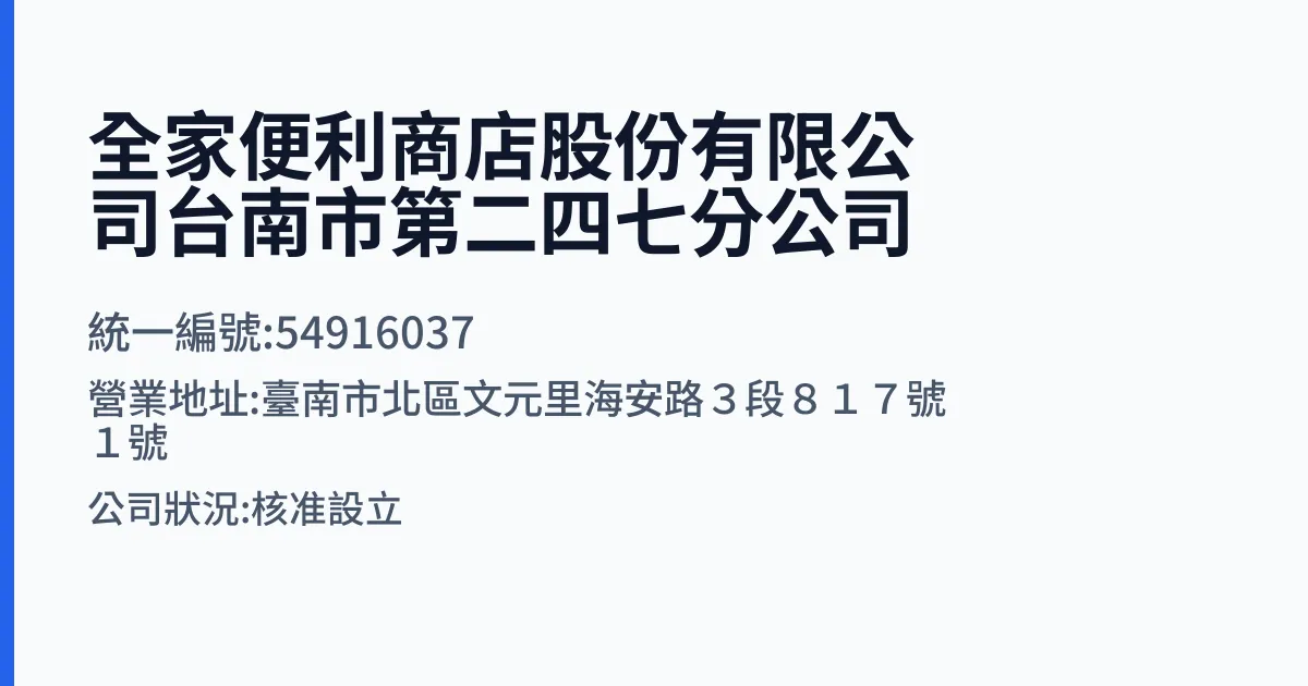全家便利商店股份有限公司台南市第二四七分公司 - 統編 54916037（臺南市） 公司登記資料與營業項目詳細圖表