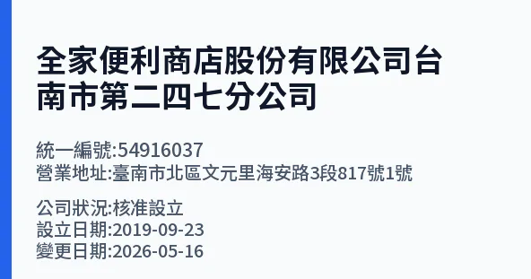 全家便利商店股份有限公司台南市第二四七分公司的照片-統編 54916037(臺南市) 公司登記資料與營業項目詳細圖表