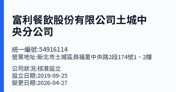 富利餐飲股份有限公司土城中央分公司的照片-統編 54916114(新北市) 公司登記資料與營業項目詳細圖表