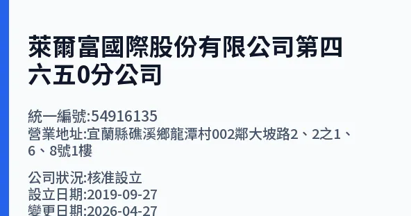 萊爾富國際股份有限公司第四六五0分公司的照片-統編 54916135(宜蘭縣) 公司登記資料與營業項目詳細圖表