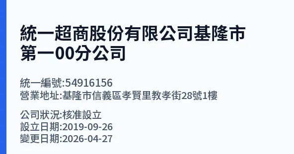 統一超商股份有限公司基隆市第一00分公司的照片-統編 54916156(基隆市) 公司登記資料與營業項目詳細圖表