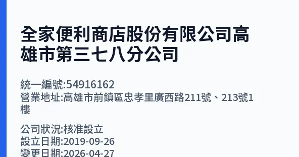 全家便利商店股份有限公司高雄市第三七八分公司的照片-統編 54916162(高雄市) 公司登記資料與營業項目詳細圖表