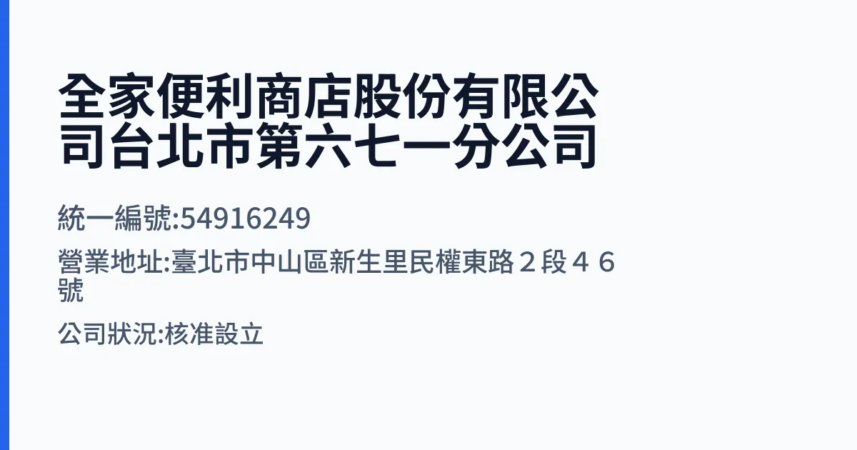 全家便利商店股份有限公司台北市第六七一分公司 - 統編 54916249(臺北市) 公司登記資料與營業項目詳細圖表