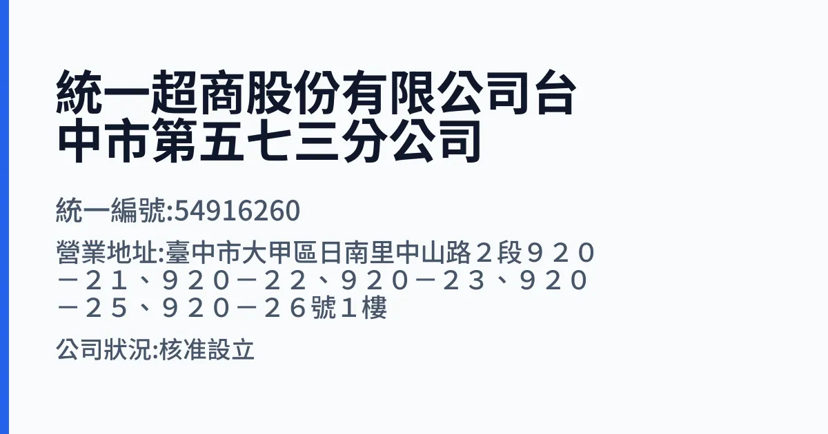 統一超商股份有限公司台中市第五七三分公司 - 統編 54916260(臺中市) 公司登記資料與營業項目詳細圖表