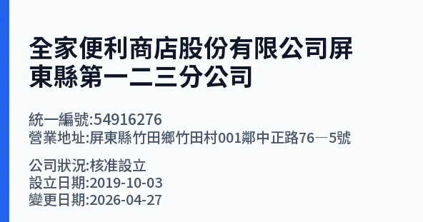全家便利商店股份有限公司屏東縣第一二三分公司的照片-統編 54916276(屏東縣) 公司登記資料與營業項目詳細圖表