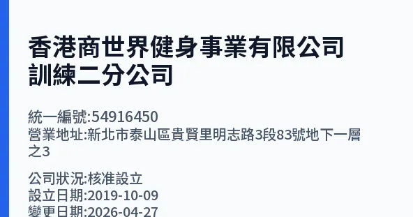 香港商世界健身事業有限公司訓練二分公司的照片-統編 54916450(新北市) 公司登記資料與營業項目詳細圖表