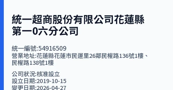 統一超商股份有限公司花蓮縣第一0六分公司的照片-統編 54916509(花蓮縣) 公司登記資料與營業項目詳細圖表