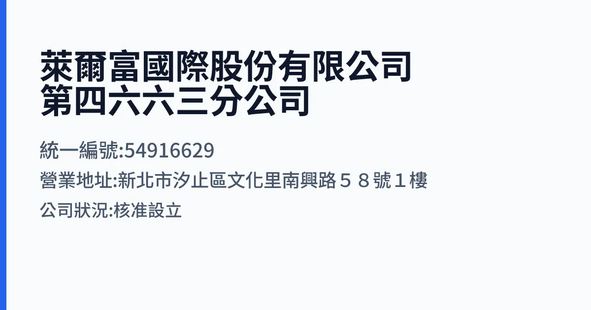 萊爾富國際股份有限公司第四六六三分公司 - 統編 54916629(新北市) 公司登記資料與營業項目詳細圖表