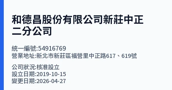 和德昌股份有限公司新莊中正二分公司的照片-統編 54916769(新北市) 公司登記資料與營業項目詳細圖表