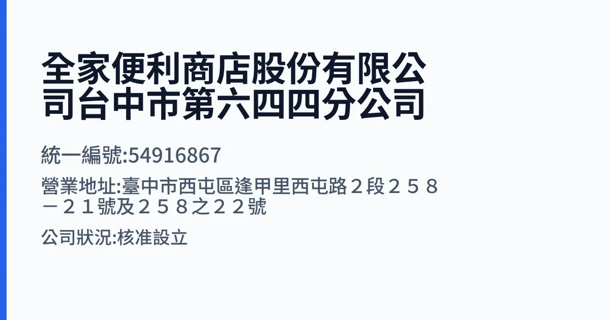 全家便利商店股份有限公司台中市第六四四分公司 - 統編 54916867(臺中市) 公司登記資料與營業項目詳細圖表