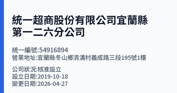 統一超商股份有限公司宜蘭縣第一二六分公司的照片-統編 54916894(宜蘭縣) 公司登記資料與營業項目詳細圖表