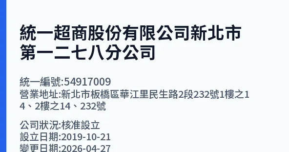 統一超商股份有限公司新北市第一二七八分公司的照片-統編 54917009(新北市) 公司登記資料與營業項目詳細圖表
