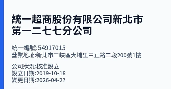 統一超商股份有限公司新北市第一二七七分公司的照片-統編 54917015(新北市) 公司登記資料與營業項目詳細圖表