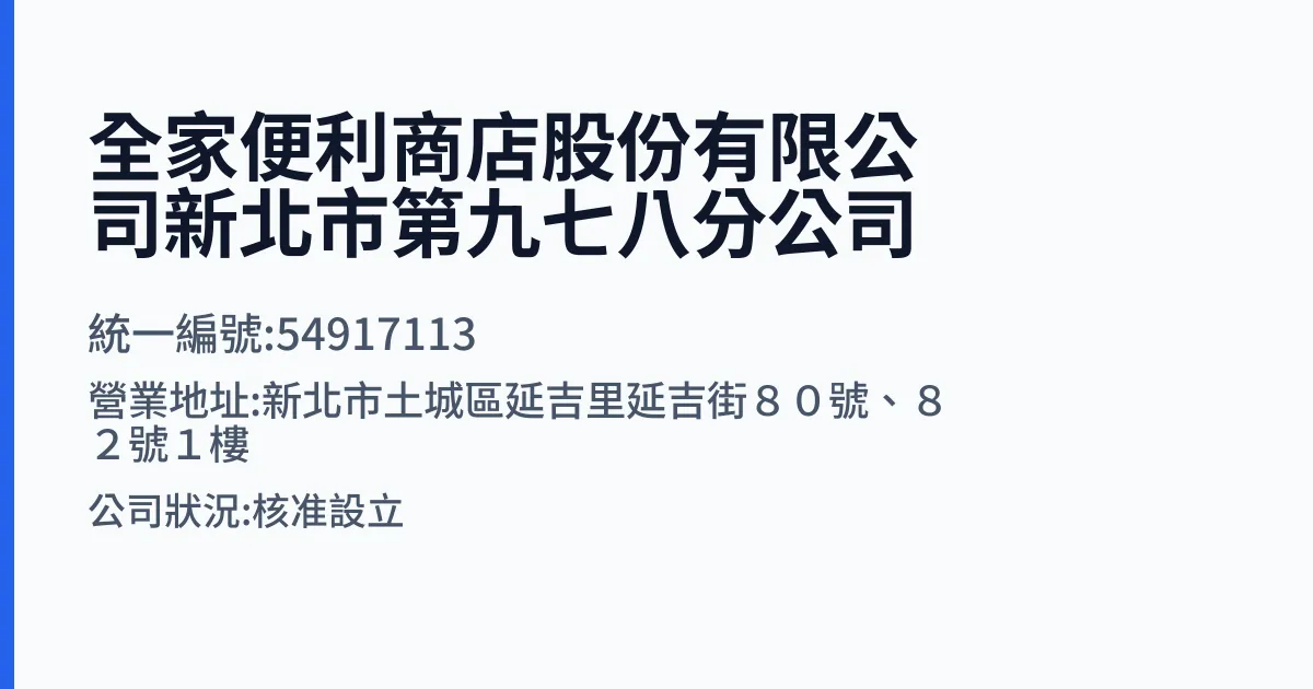 全家便利商店股份有限公司新北市第九七八分公司 - 統編 54917113(新北市) 公司登記資料與營業項目詳細圖表