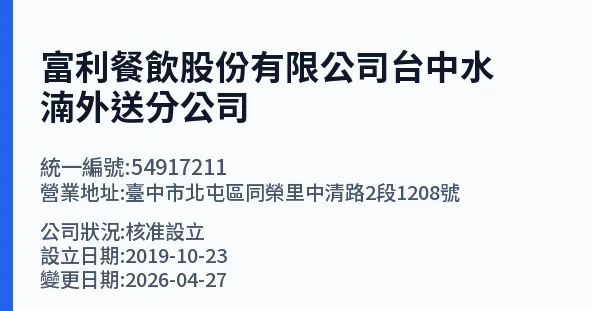 富利餐飲股份有限公司台中水湳外送分公司的照片-統編 54917211(臺中市) 公司登記資料與營業項目詳細圖表
