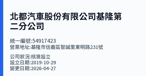 北都汽車股份有限公司基隆第二分公司的照片-統編 54917423(基隆市) 公司登記資料與營業項目詳細圖表
