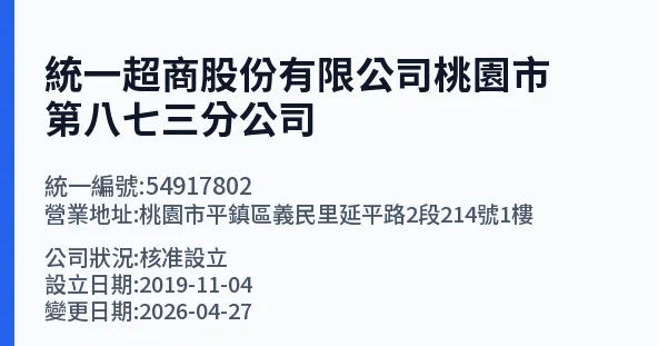 統一超商股份有限公司桃園市第八七三分公司的照片-統編 54917802(桃園市) 公司登記資料與營業項目詳細圖表