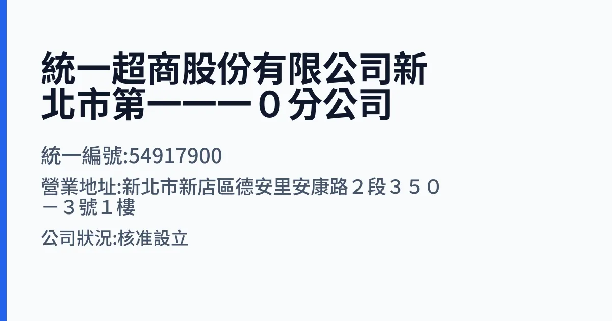 統一超商股份有限公司新北市第一一一０分公司 - 統編 54917900(新北市) 公司登記資料與營業項目詳細圖表